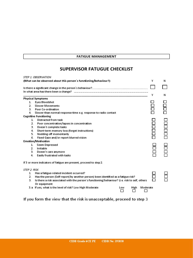 Supervisor Fatigue Management Checklist | PDF | Psychology ...