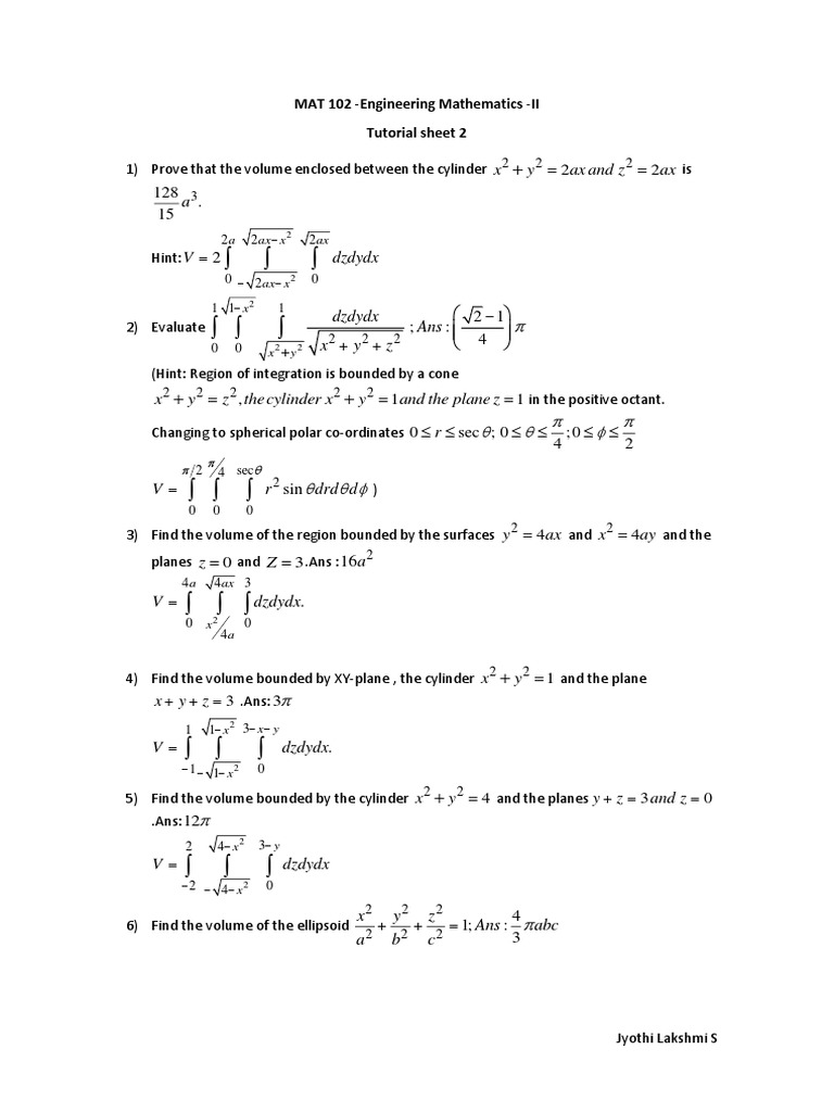 Tutorial Sheet 2 (Multiple Integral) | PDF | Manifold | Euclidean Geometry