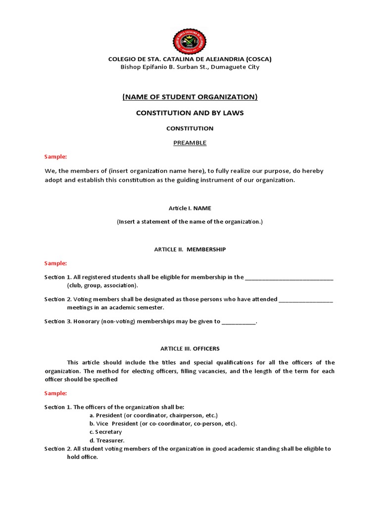 Sample Format For Student Organization Constitution and by Laws | PDF ...