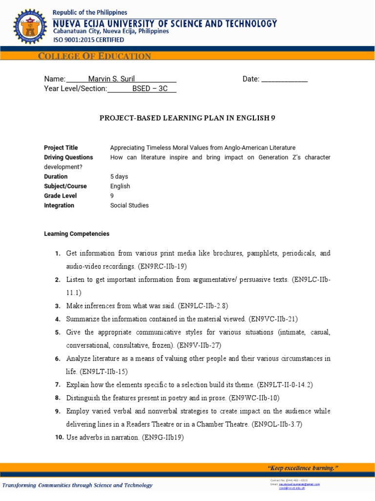 Project-Based Learning Plan in English 9: Project Title Driving ...