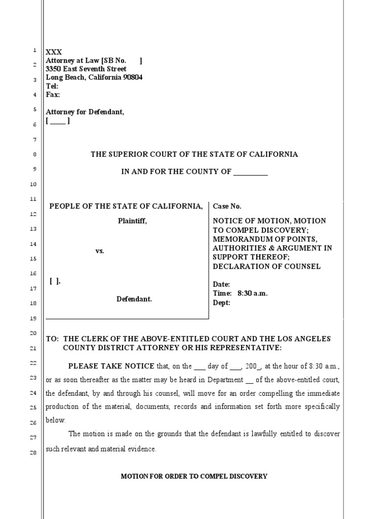 Motion to Compel Discovery in Court | PDF | Discovery (Law) | Witness