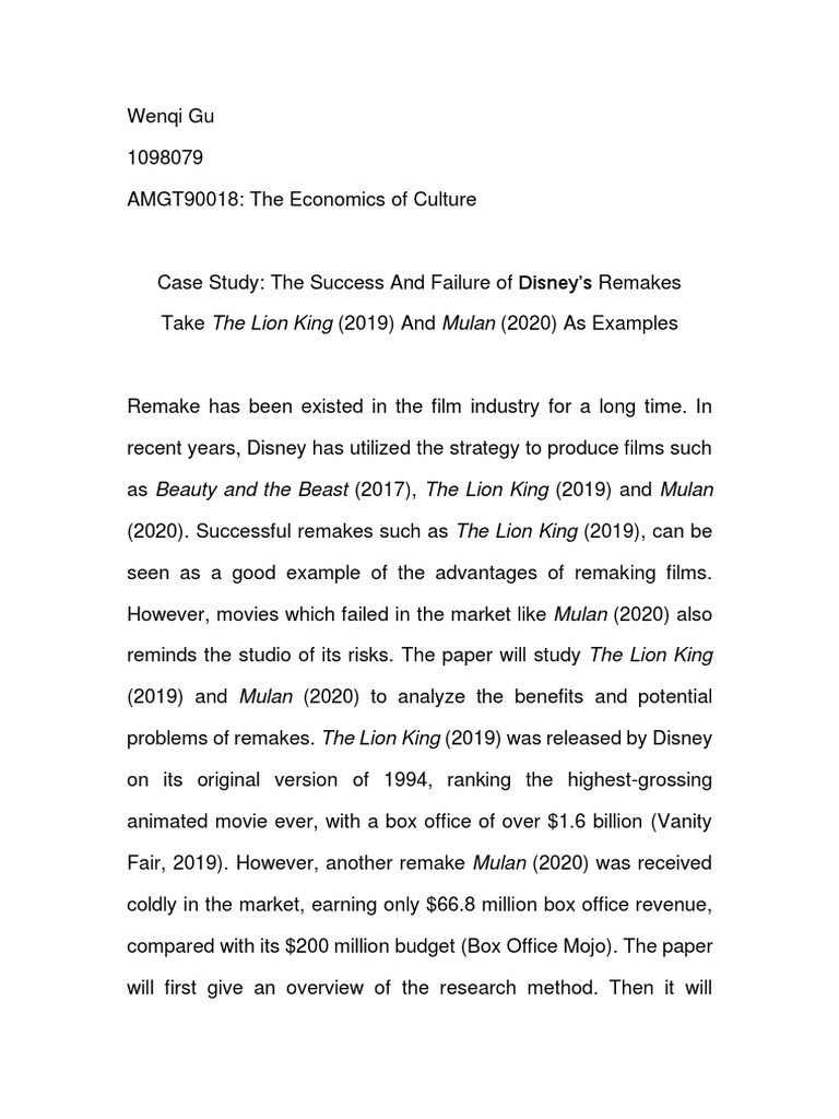 Case Study - The Success and Failure of Disney's Remakes | PDF | The ...