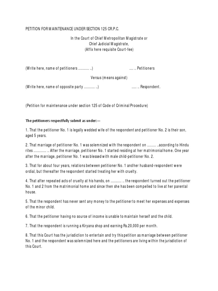 Maintenance Petition Format under CrPC 125 | PDF | Marriage ...