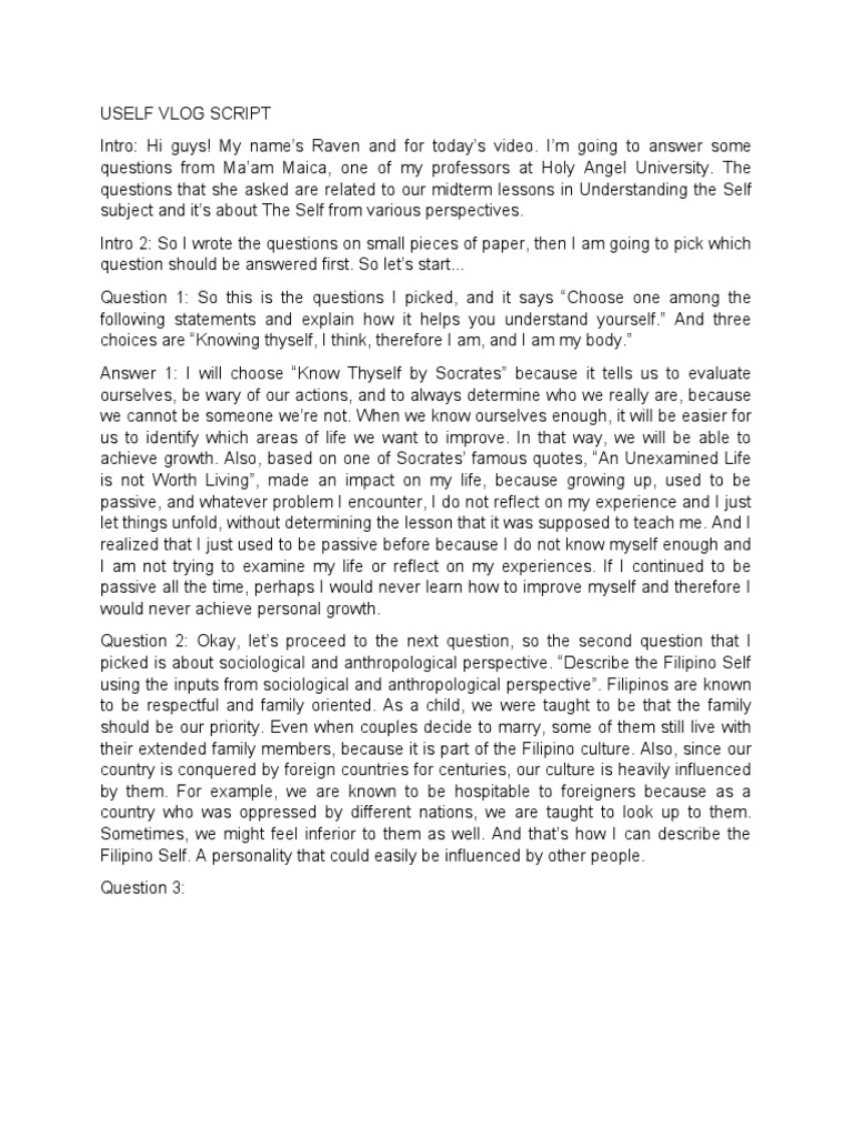 Uself Vlog Script | PDF | Psychology | Psychological Concepts