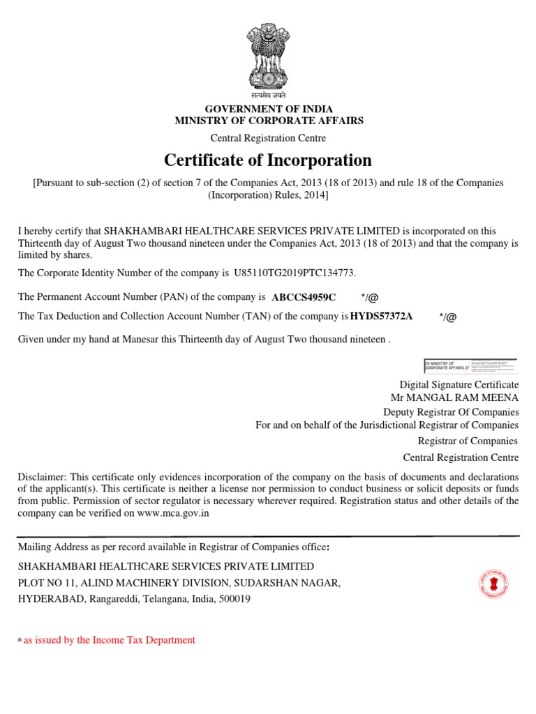 Certificate of Incorporation: Government of India Ministry of Corporate ...