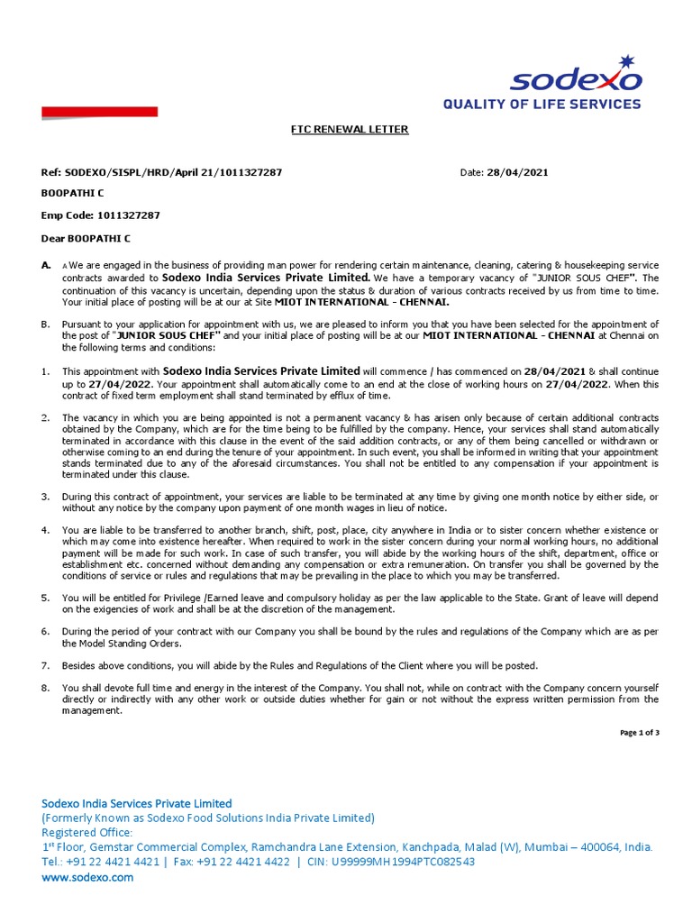 Sodexo India Services Private Limited | PDF | Employment | Mail