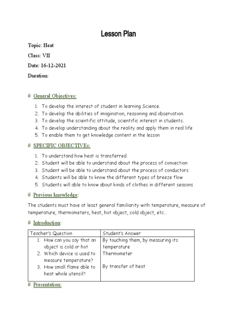 Lesson Plan Class 7 | PDF | Heat | Lesson Plan