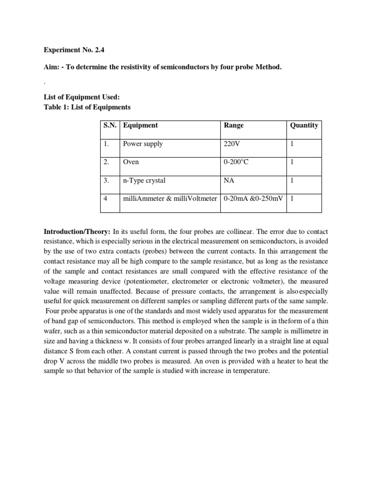 Experiment 2.4 Four Probe | PDF | Electrical Resistivity And ...