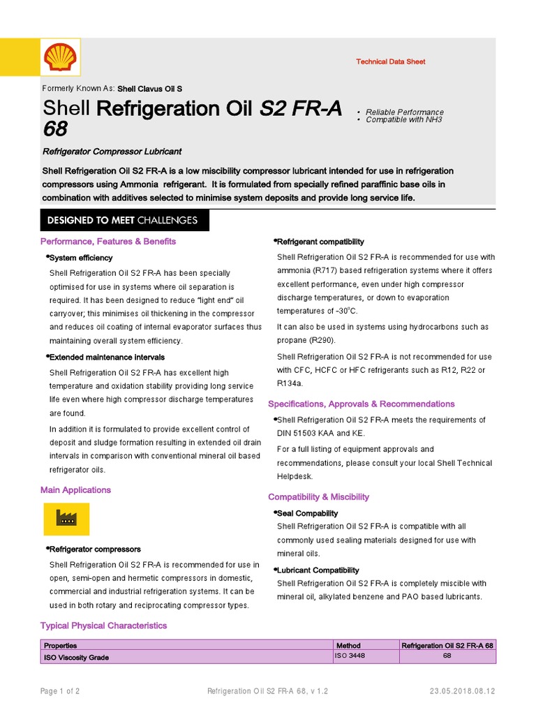 MDS SHELL Refrigeration Oil S2 FR-A 68 | PDF | Refrigeration | Refrigerator