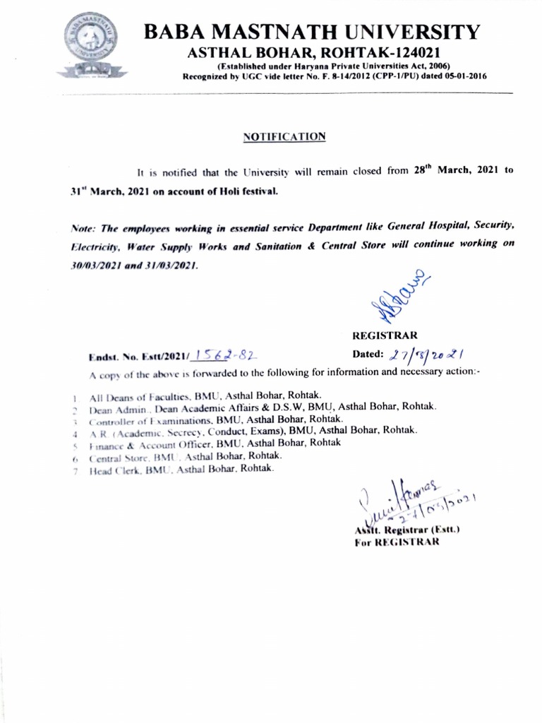 BMU closed Holi 2021 | PDF