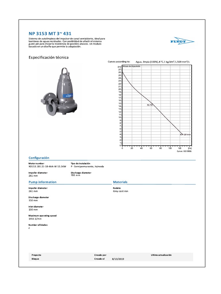 Bomba Sumergible Modelo np3153 181 MT Flygt | PDF | Masa | Tasas temporales