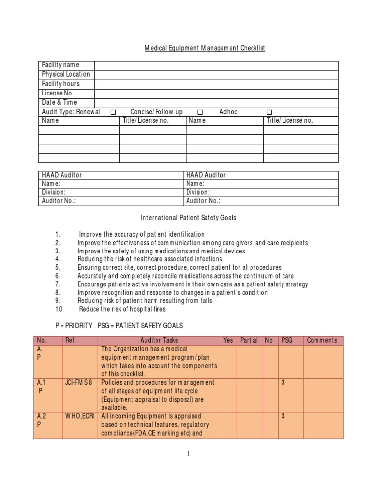 Medical Equipment Management Checklist | PDF | Patient Safety | Patient