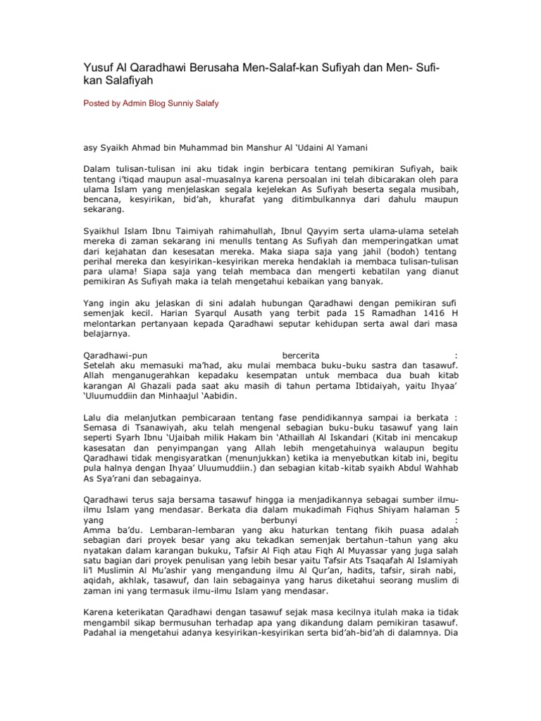 Yusuf Al Qaradhawi Berusaha Men-Salaf-Kan Sufiyah Dan Men - Sufi-Kan Salafiyah | PDF | Filsafat ...