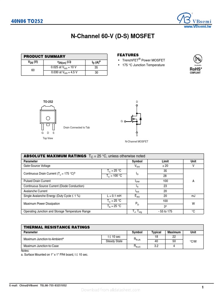 N-Channel 6 0-V (D-S) MOSFET: Features Product Summary | PDF | Field ...