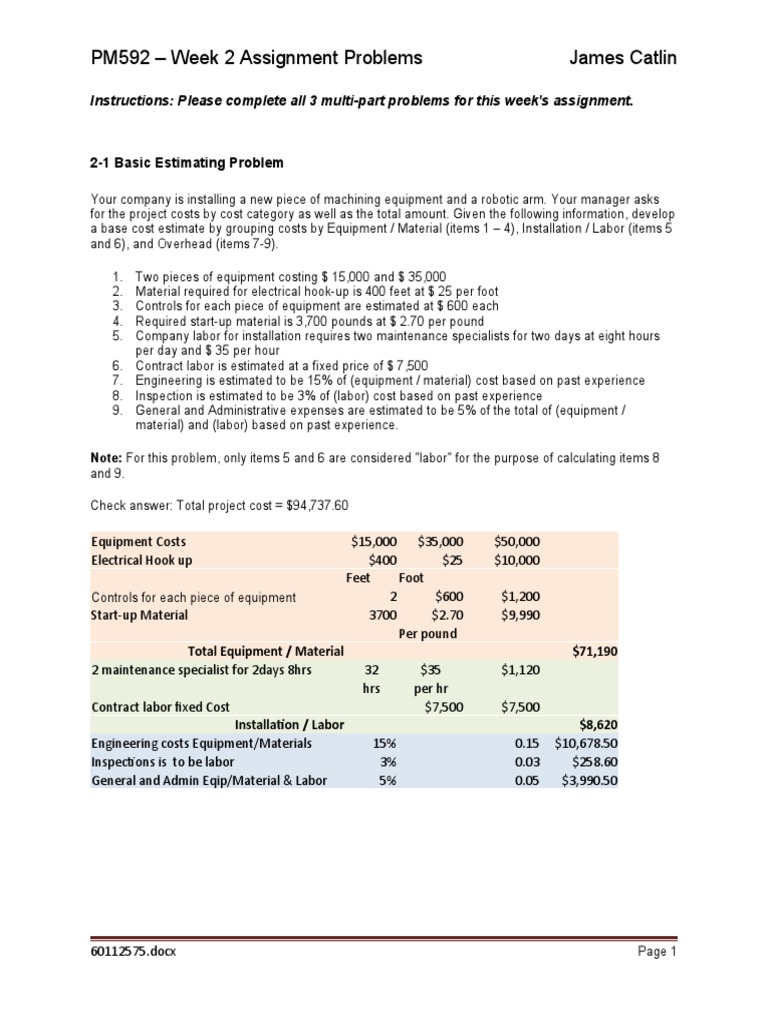 PM592 - Week 2 Assignment Problems James Catlin: 2-1 Basic Estimating ...