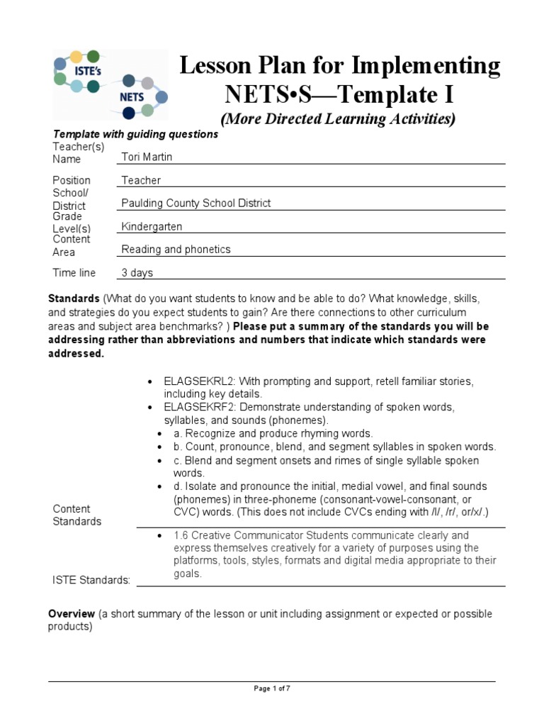 Iste Lesson Plan-Itec 7430 | Download Free PDF | Syllable | Learning
