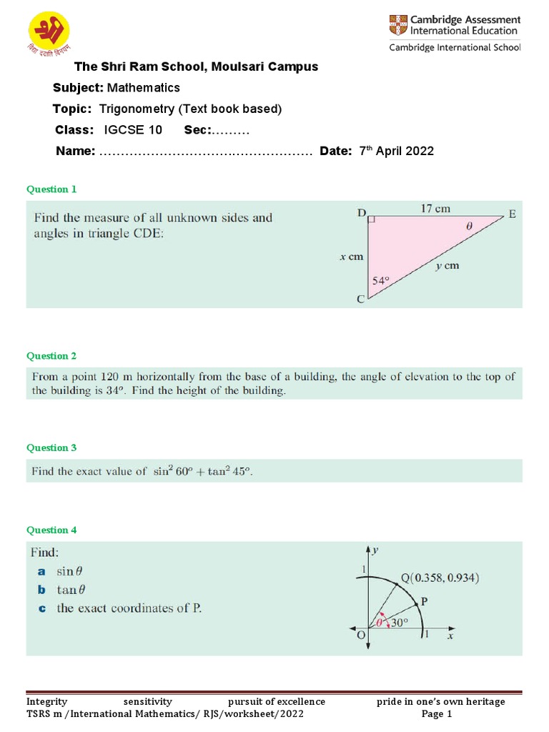 An Igcse Mathematics Worksheet On Trigonometry Containing 8 Practice