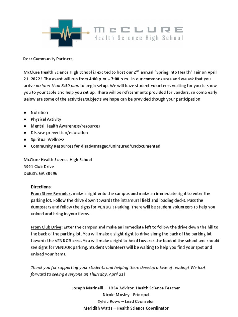 Health Fair Vendor Letter | PDF