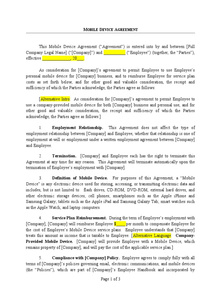 Mobile Device Agreement Template | PDF | Injunction | Legal Remedy