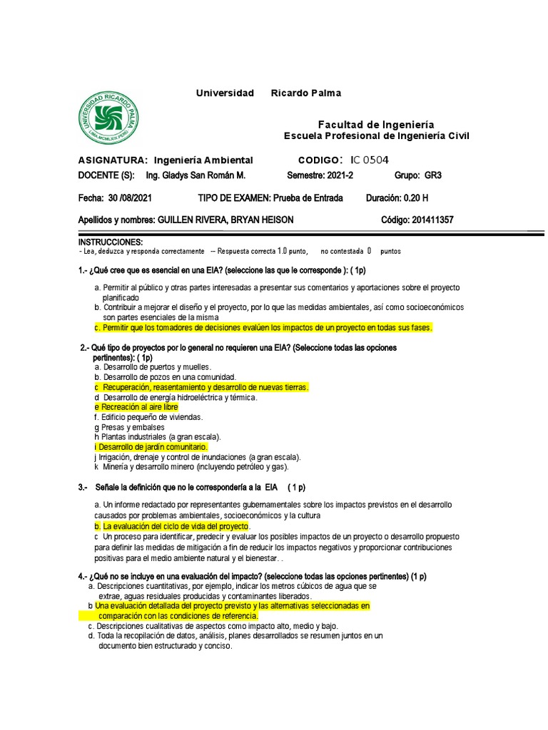 Prueb de Entrada Ing. Amb Gr3 2021-2 Guillen Rivera Bryan Heison | PDF ...