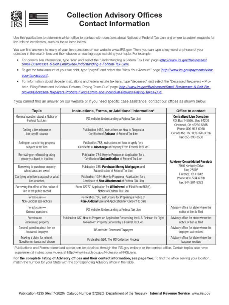 IRS Lien Advisory Offices Contact Guide | PDF | Tax Lien | Taxation In ...