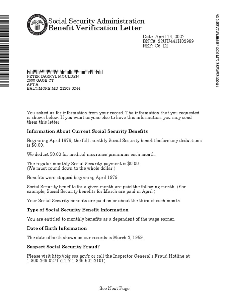 Social Security Benefit Verification Letter | PDF | Social Security ...