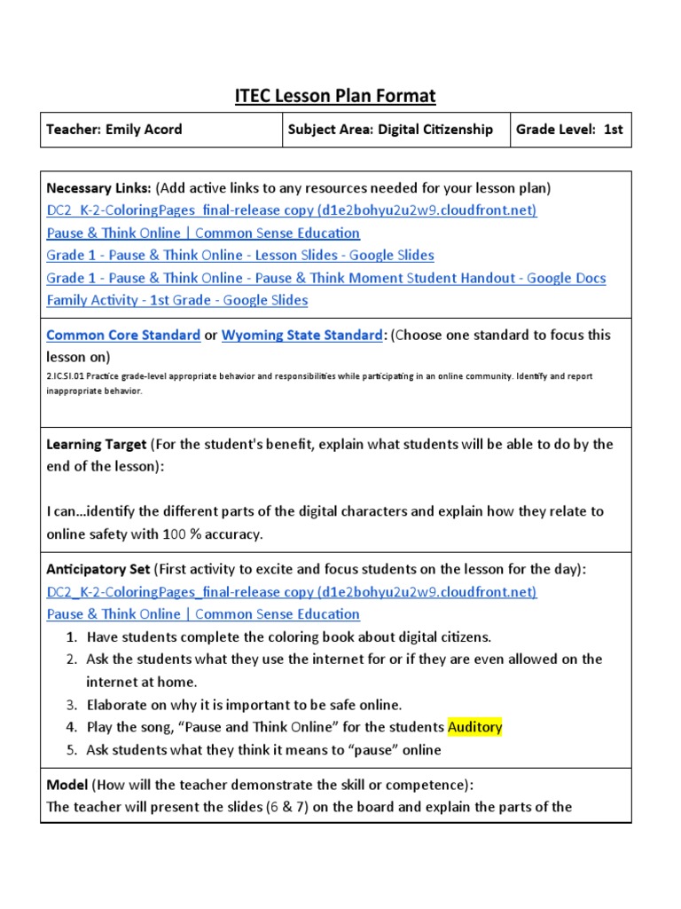 ITEC Lesson Plan Format: Common Core Standard Wyoming State Standard ...