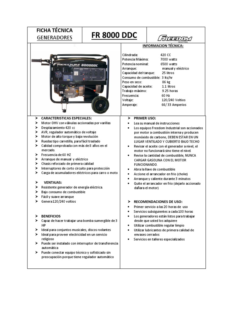 Ficha Tecnica Generador FR 8000 | PDF | Generador eléctrico | Vehículos