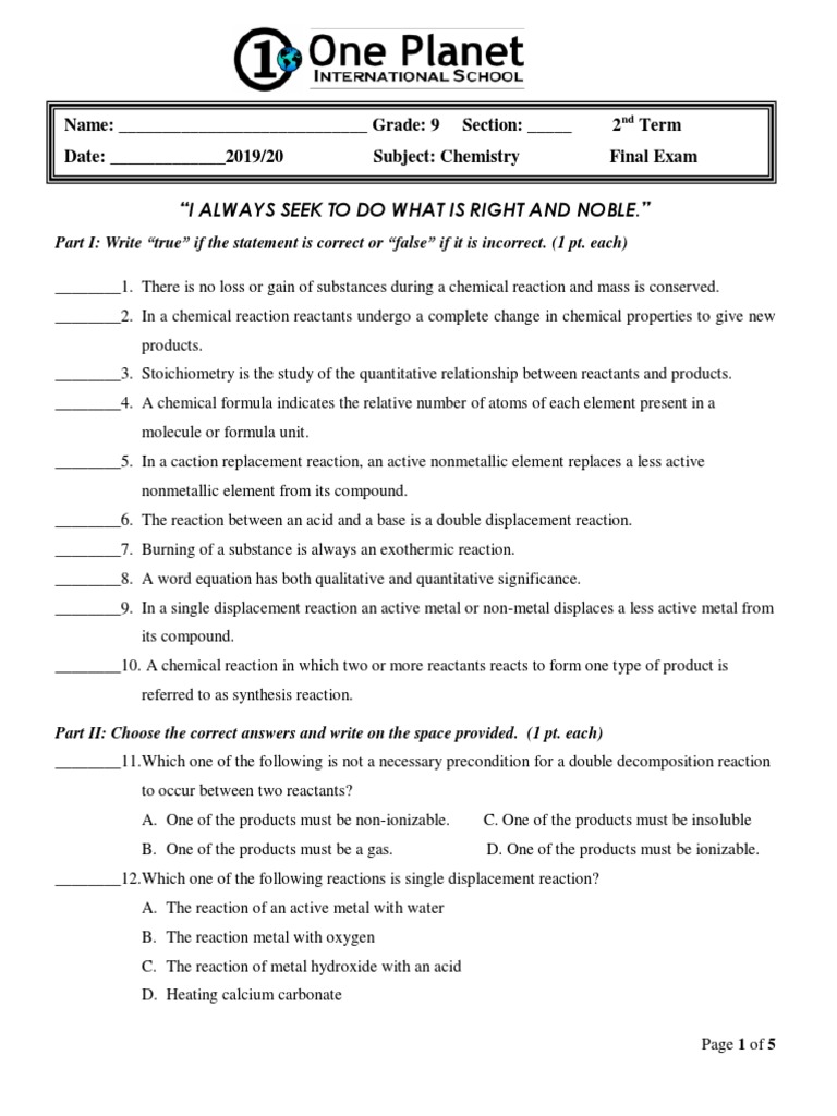 Chemistry Final Exam For Grade 9 | PDF | Chemical Bond | Chemical Compounds