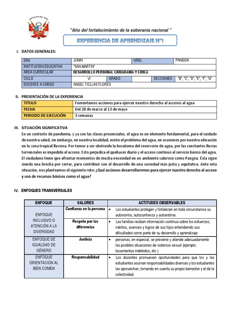 DPCC - Experiencia de Aprendizaje N°1 | PDF | Aprendizaje | Agua