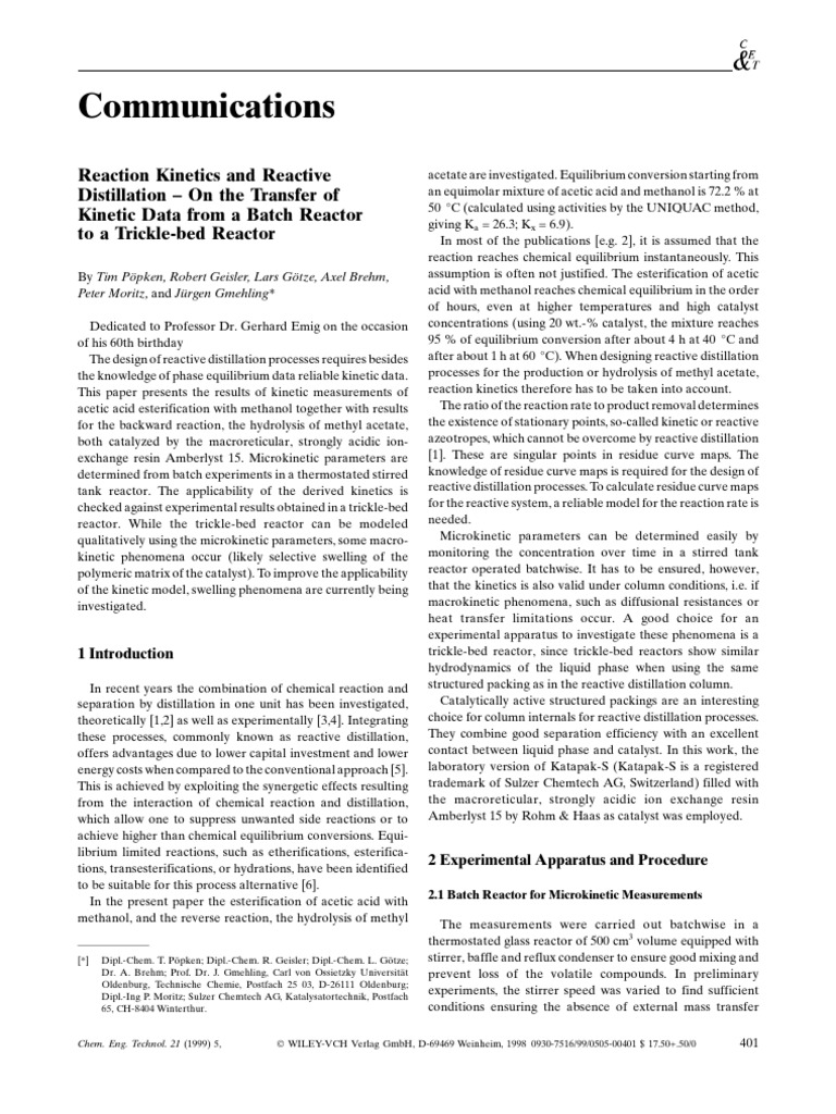 Reaction Kinetics and Reactive Distillation On The Transfer of Kinetic ...