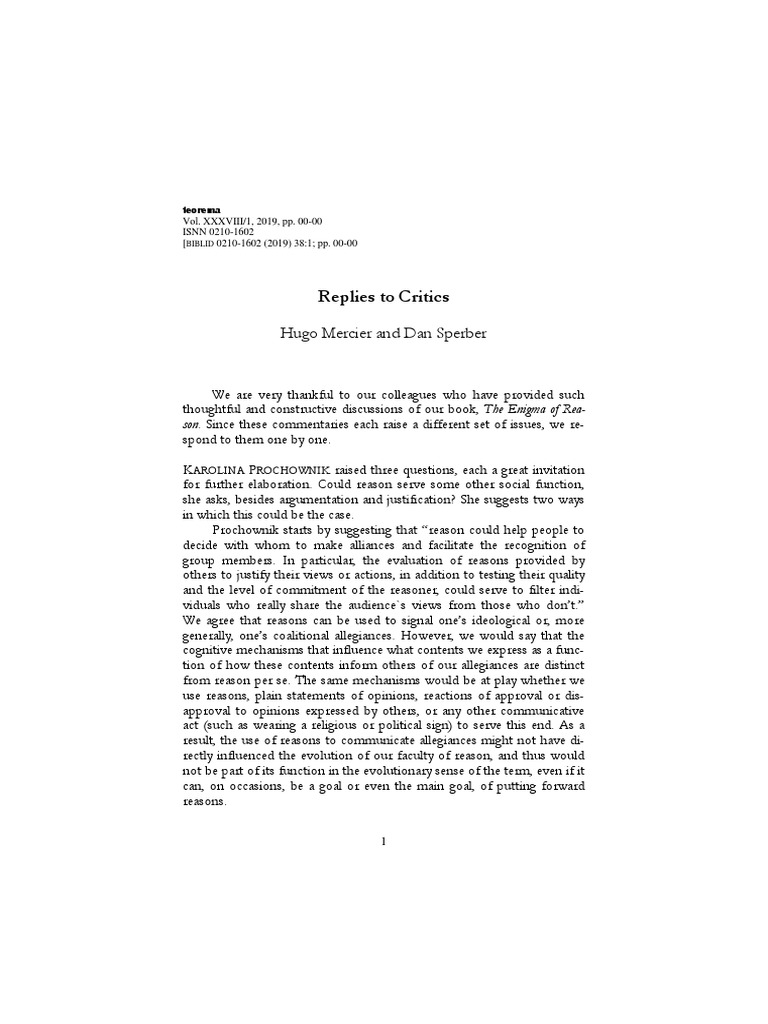 Hugo Mercier - Responses The Enigma of Reason | PDF | Reason | Inference