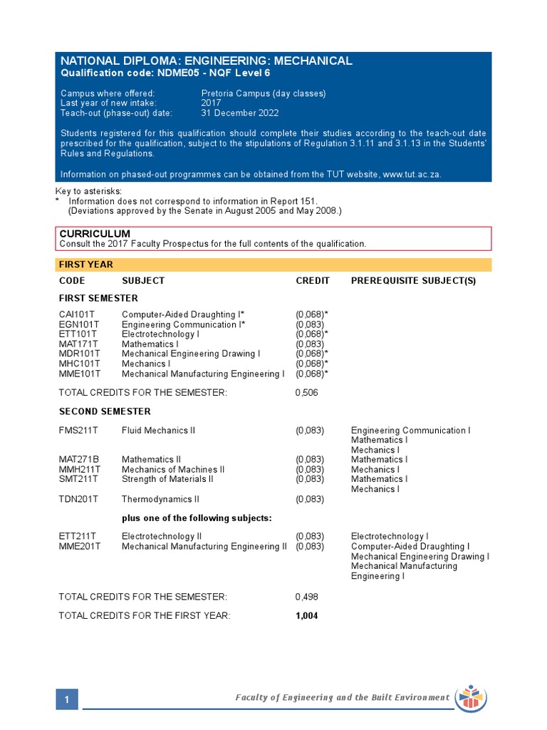 National Diploma: Engineering: Mechanical: Qualification Code: NDME05 ...
