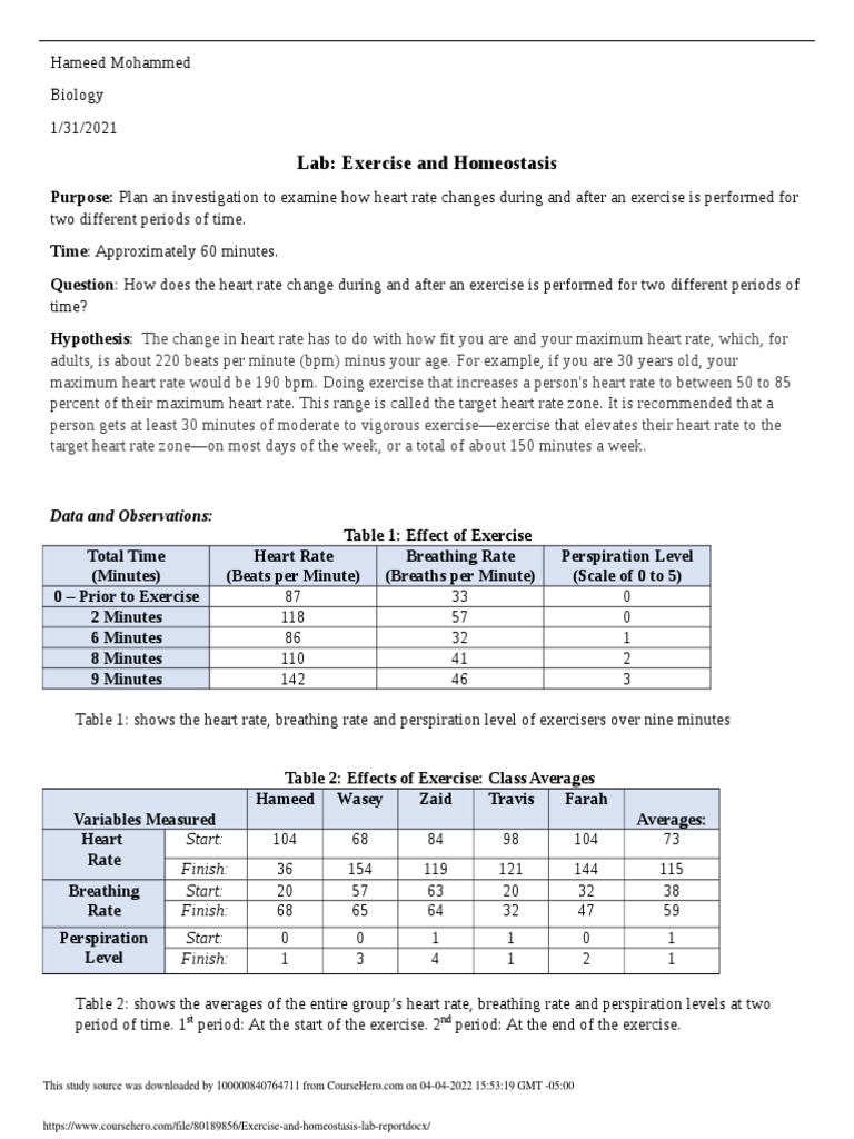 Exercise and Homeostasis Lab Report | PDF | Heart Rate | Breathing Exercise and Homeostasis Lab Report | PDF | Heart Rate | Breathing