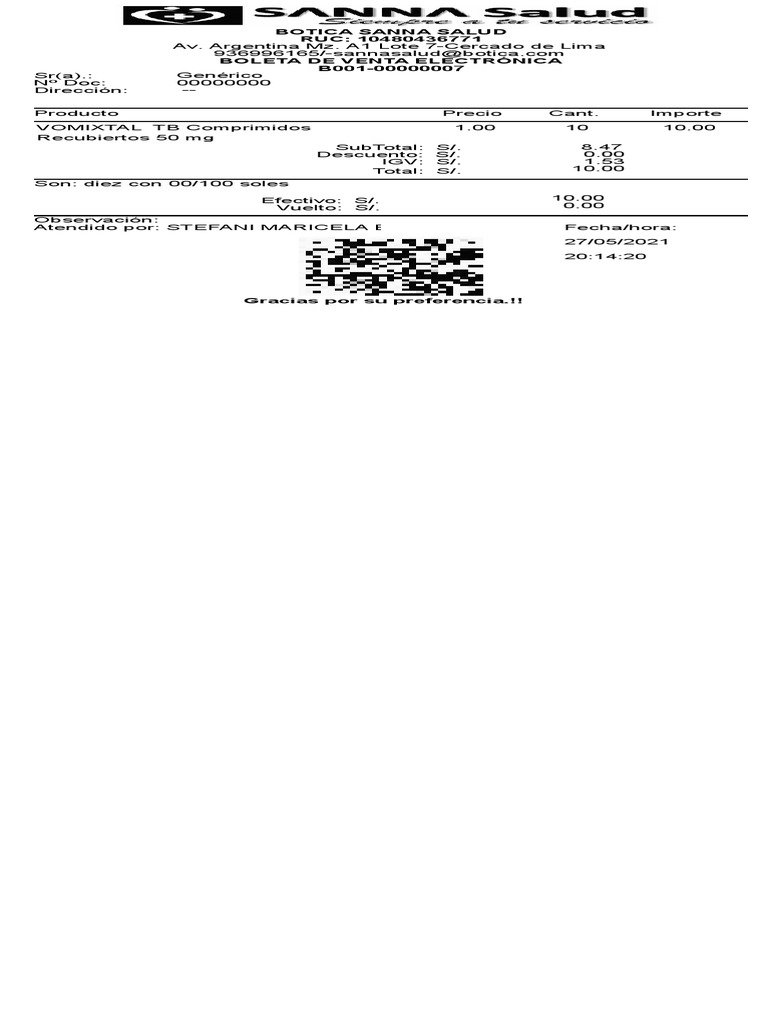 Boleta de Venta Electrónica B001-00000007 | PDF