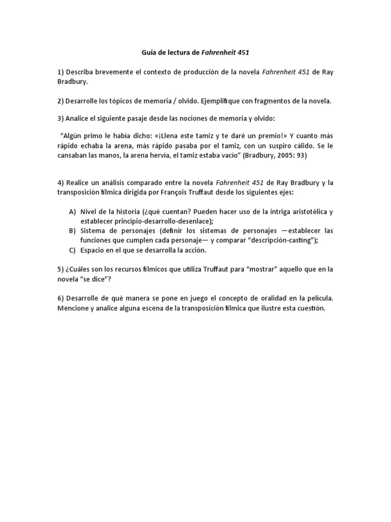 Guía de Lectura (Fahrenheit 451) | PDF