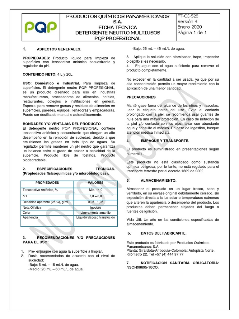 Ficha Tecnica Detergente-Neutro PQP | PDF | Detergente | Agua