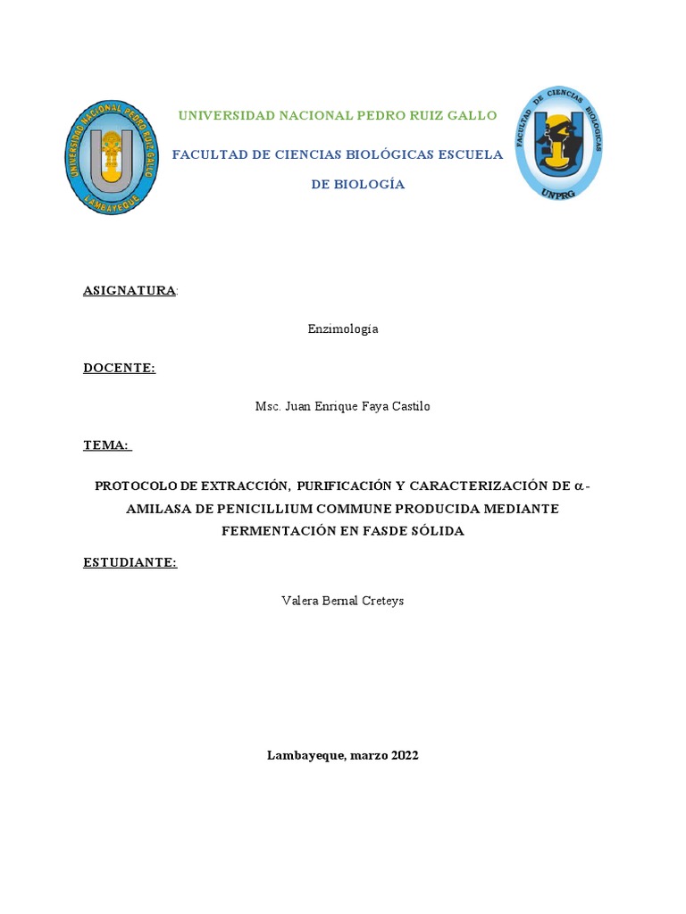 ENZIMOLOGIA Protocolo de Extracción de La Enzima Ą Amilaza | PDF ...