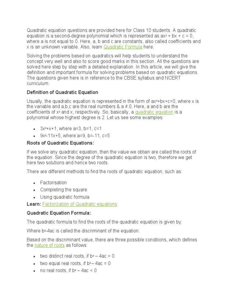 Quadratic Equation Questions | PDF | Quadratic Equation | Equations