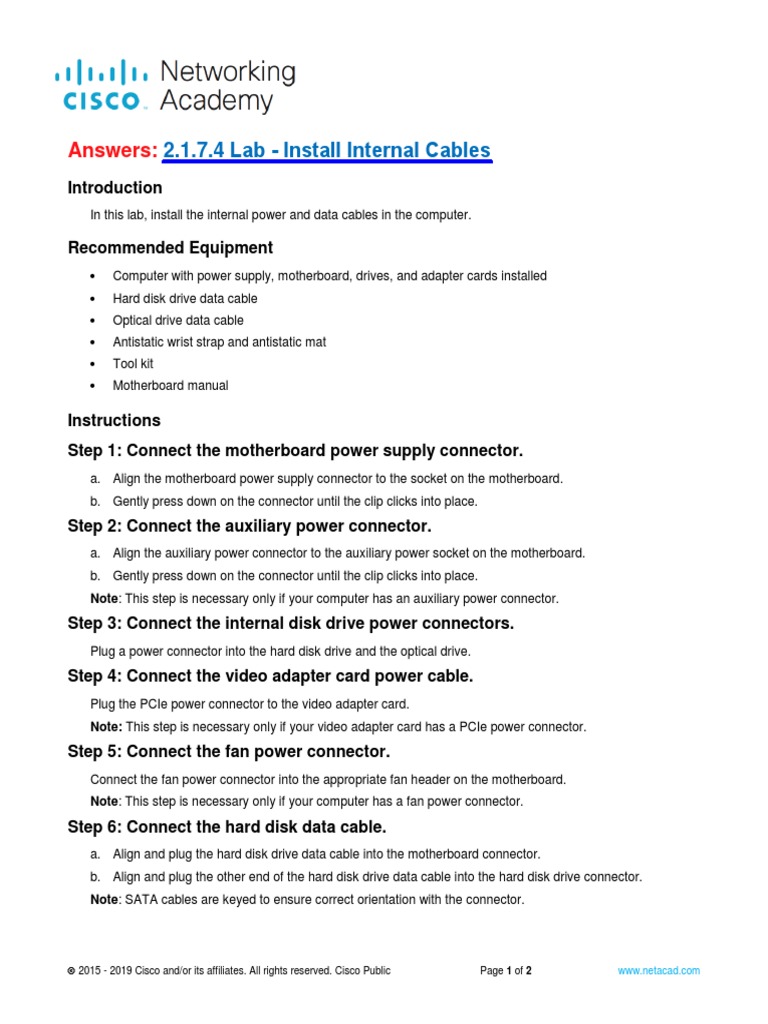 2.1.7.4 Lab - Install Internal Cables - ITExamAnswers | PDF | Computers