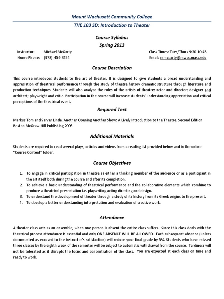 MWCC Theater Course Syllabus 2013 | PDF | Theatre | Internet