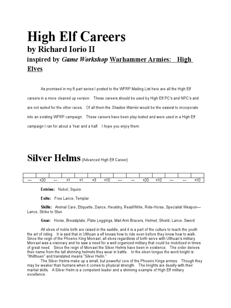 High Elf Careers: Silver Helms | PDF | Elf (Dungeons & Dragons) | Sword