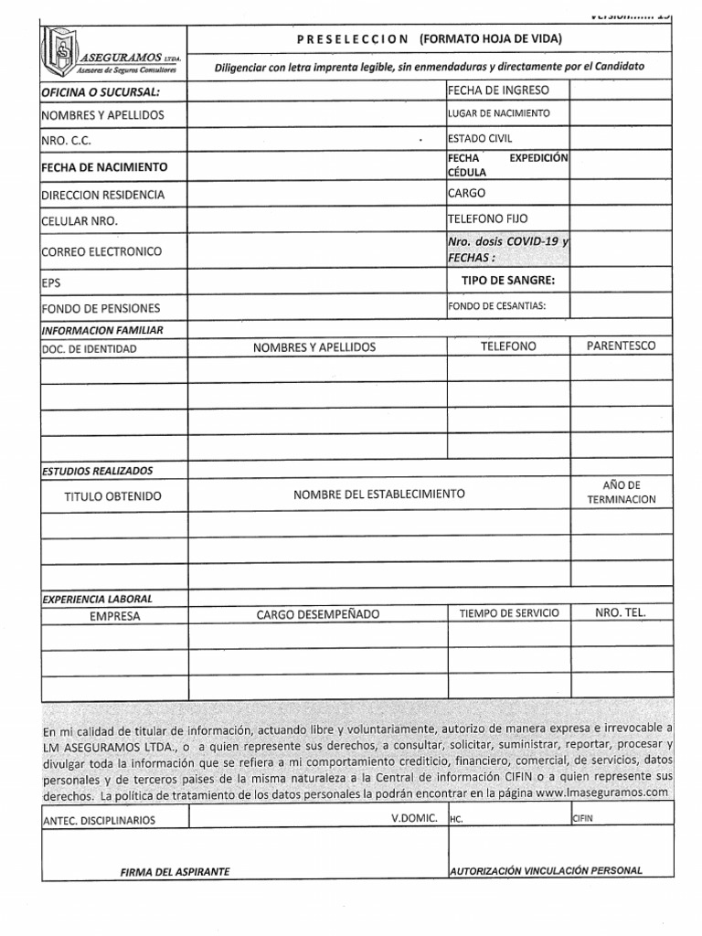 Preseleccion Formato Hoja de Vida Version 15° | PDF Preseleccion Formato Hoja de Vida Version 15° | PDF