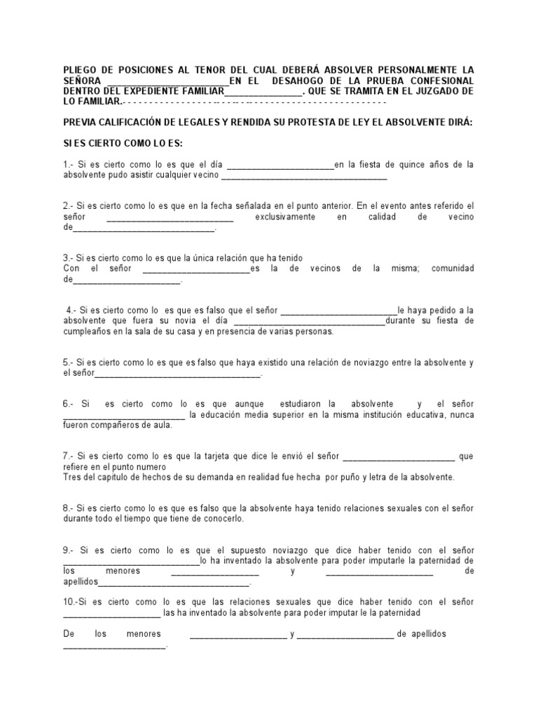 Pliego de Posiciones de La Prueba Confesional Parte Demandada | PDF Pliego de Posiciones de La Prueba Confesional Parte Demandada | PDF