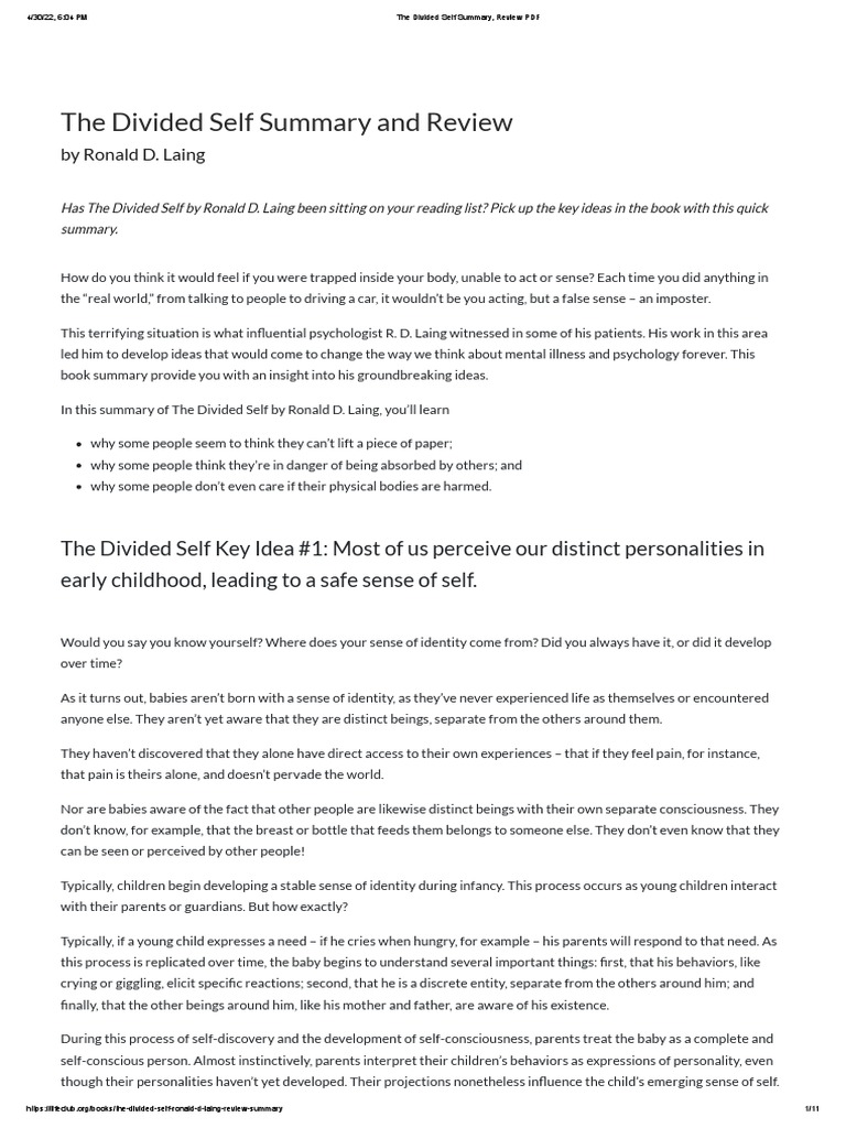 The Divided Self Summary, Review PDF | PDF | Self | Ontology