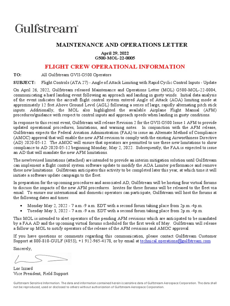 G500MOL-2022-0005 - Gulfstream G500 Maintenance Operations Letter ...