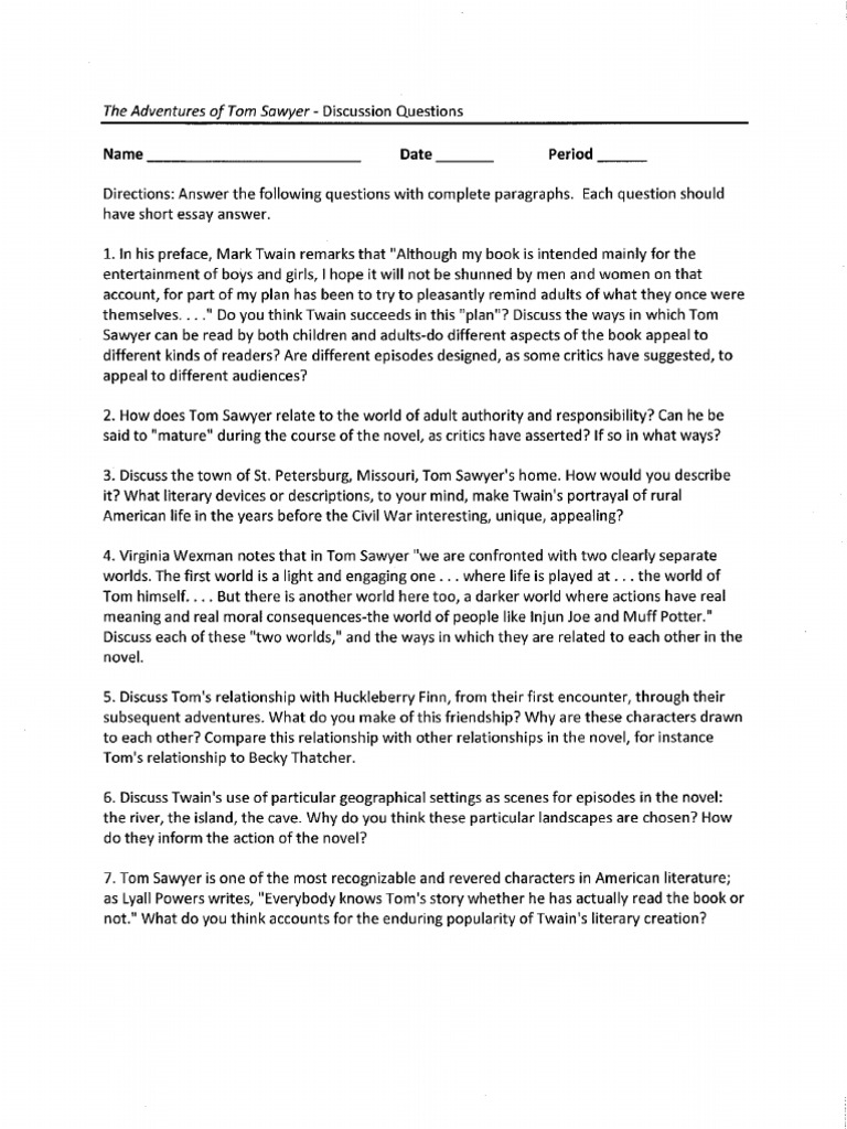 Tom Sawyer Discussion Questions | PDF | Poetry
