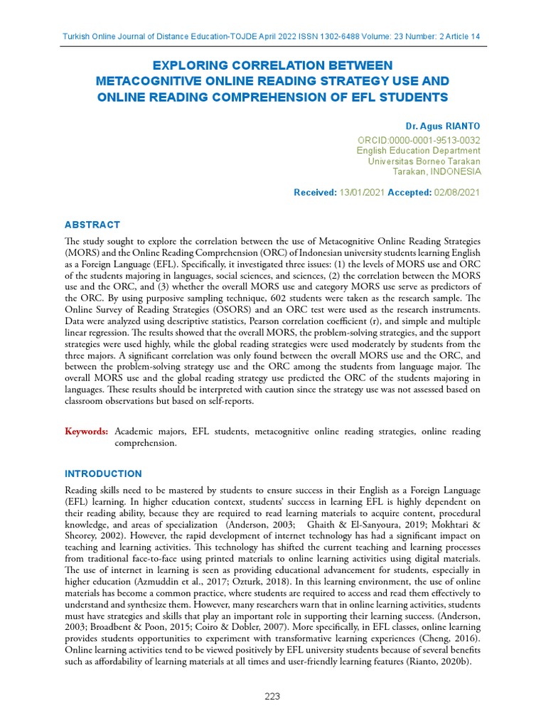 Exploring Correlation Between Metacognitive Online Reading Strategy Use