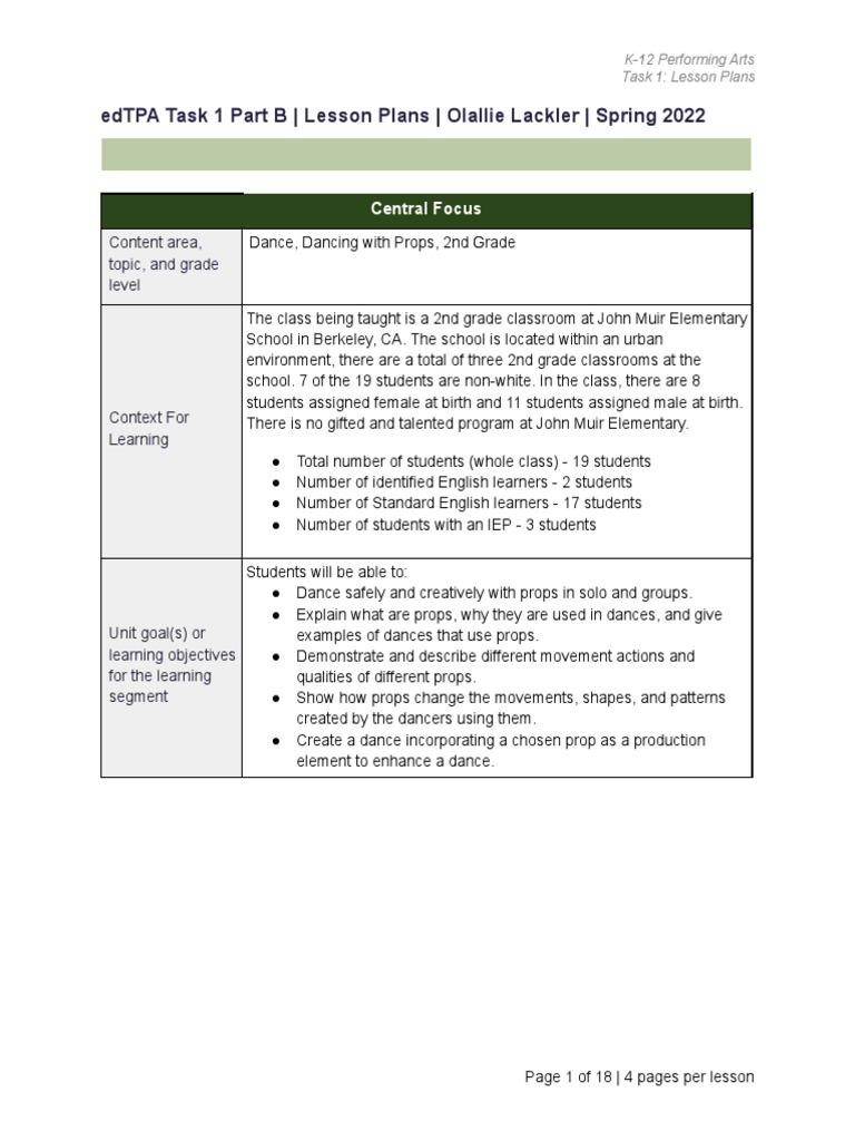 Edtpa Task 1 Part B Lesson Plans 1 | PDF | Lesson Plan | Dances