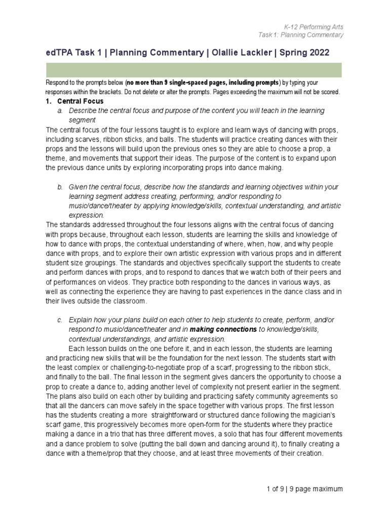 Edtpa Task 1 Part e Commentary 1 | PDF